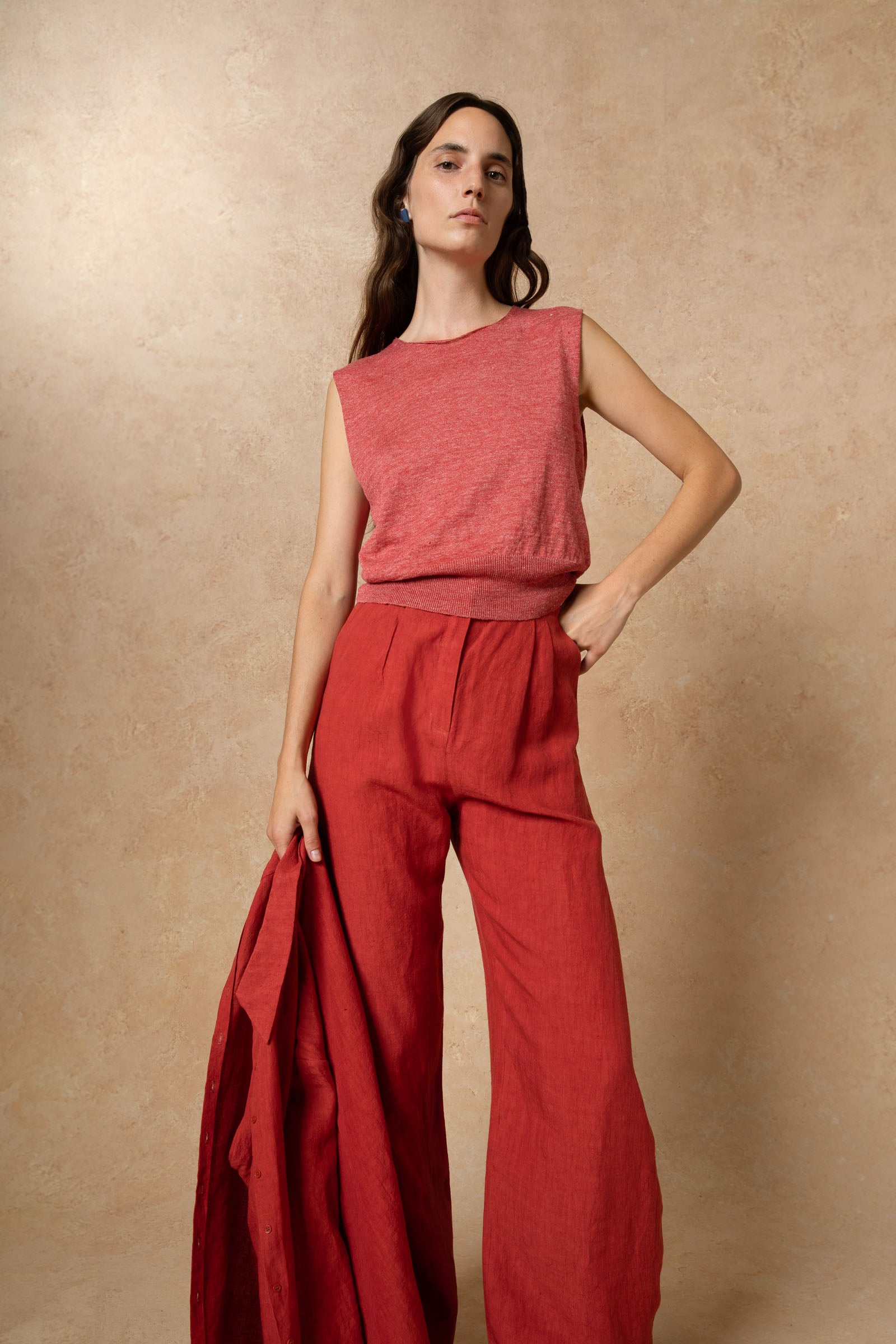 Cortana - Rinen, chaleco de punto de lino rojo oscuro